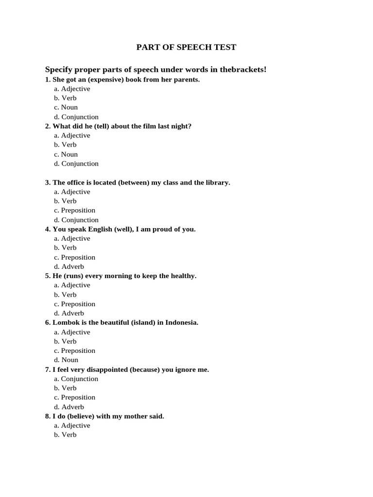 PART OF SPEECH TEST | PDF | Part Of Speech | Adjective PART OF SPEECH TEST | PDF | Part Of Speech | Adjective