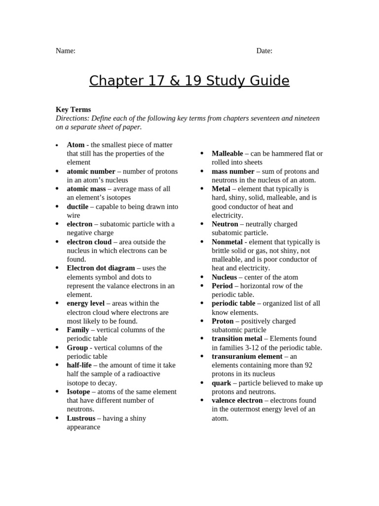 Chapter 17 Study Guide - Answers | PDF | Atoms | Proton