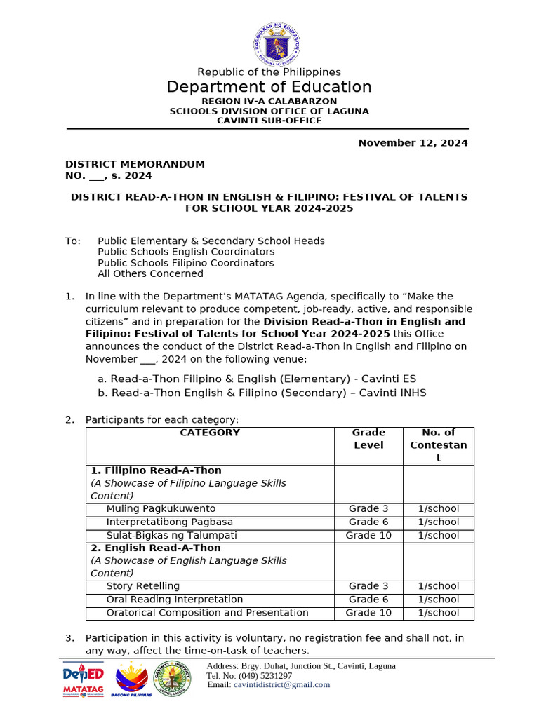 District Read A Thon in English Filipilino Nfot For Sy2024 2025 | PDF ...