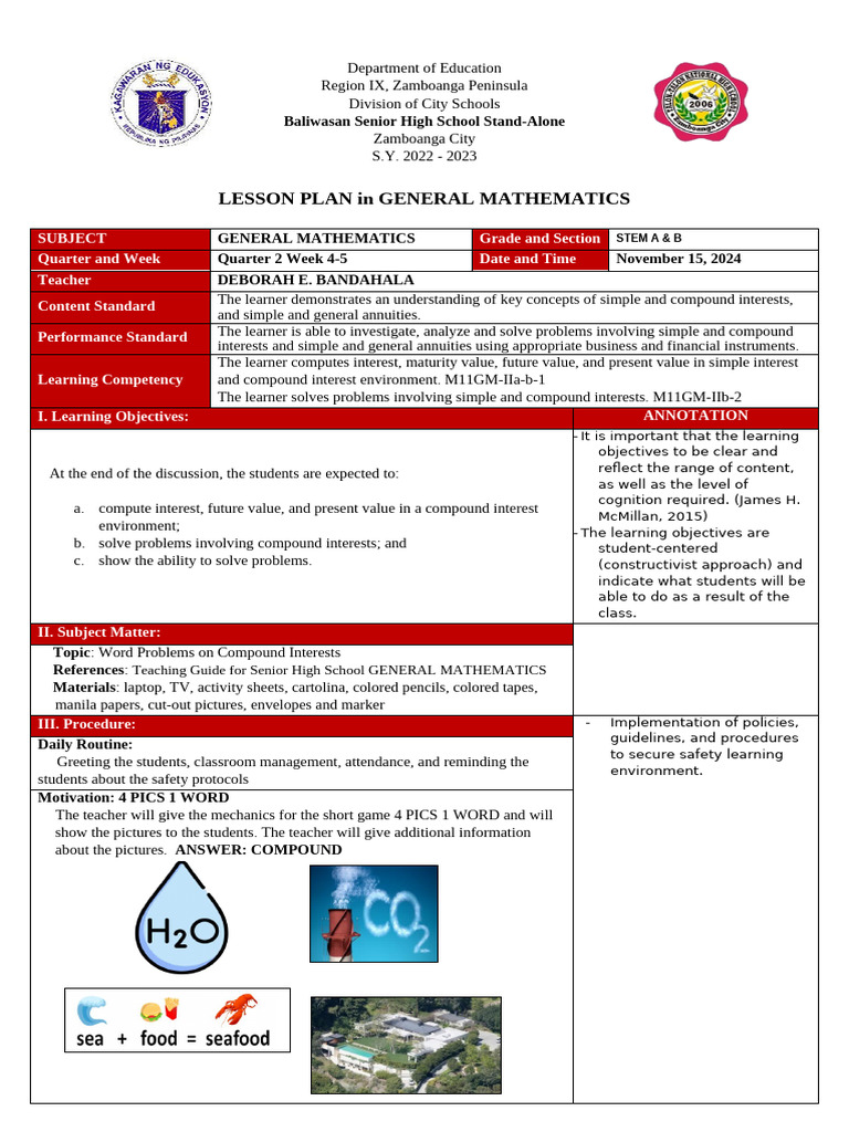 Lesson Plan - Gen Math - Compound Interest - Nobvember 14 | PDF | Constructivism (Philosophy Of ...