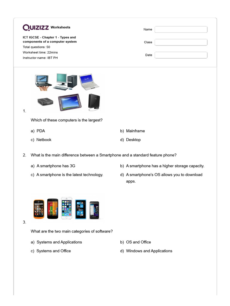 ICT IGCSE Computer Systems Quiz | PDF | Graphical User Interfaces | Computer Hardware