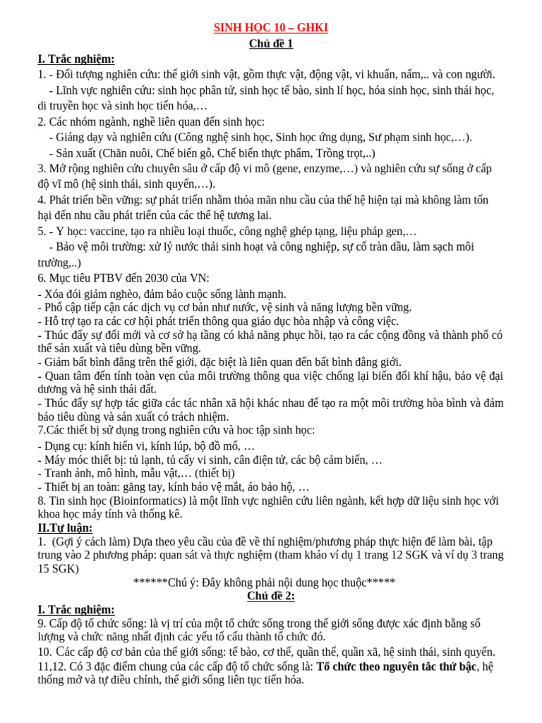 REUP SINH HỌC 10 GHKI | PDF