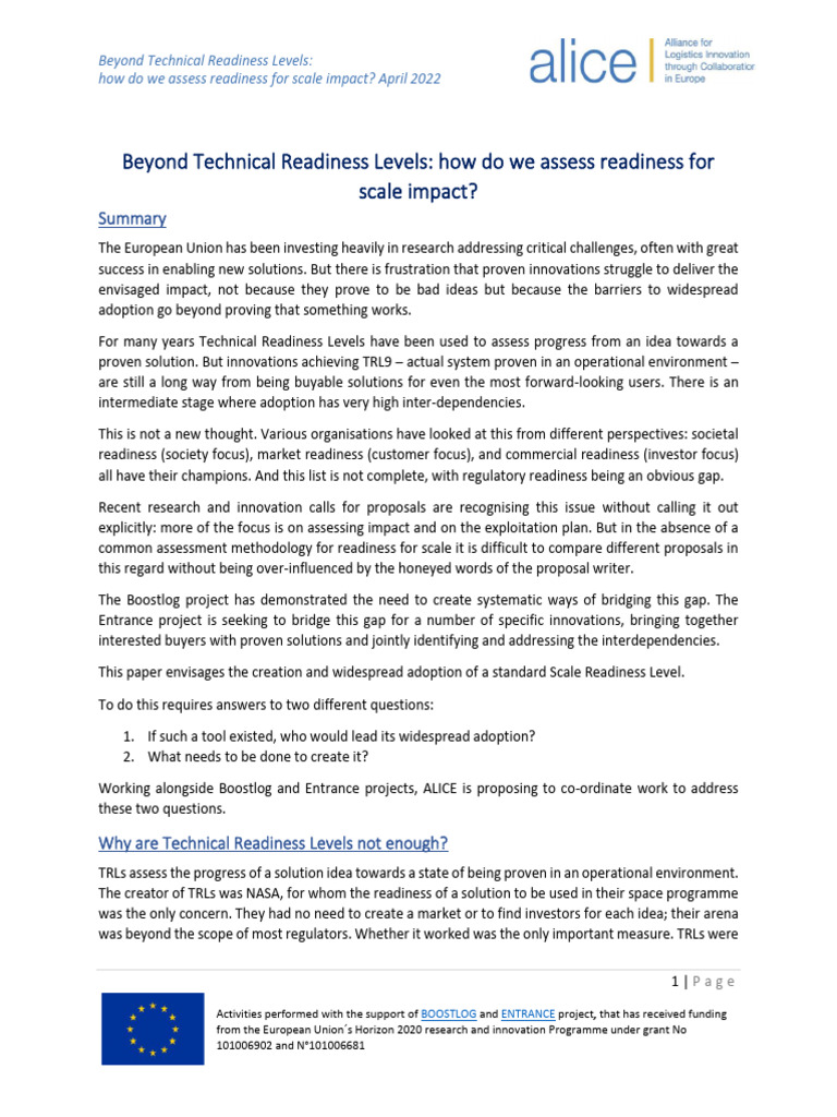 Alice Beyond TRL Position Paper 2023 | PDF | Logistics | Innovation