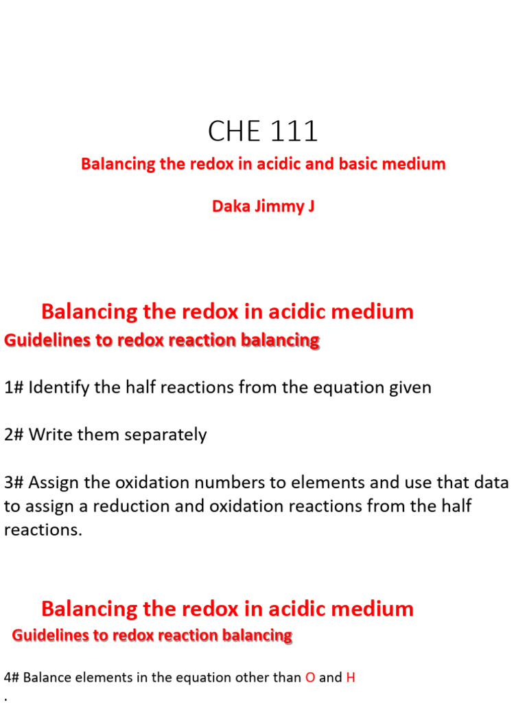 CHE 111-REDOX BALANCING Acidic and Basic Medium | PDF | Redox ...