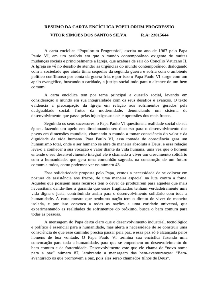Resumo da Encíclica Populorum Progressio | PDF | Igreja católica | Papa