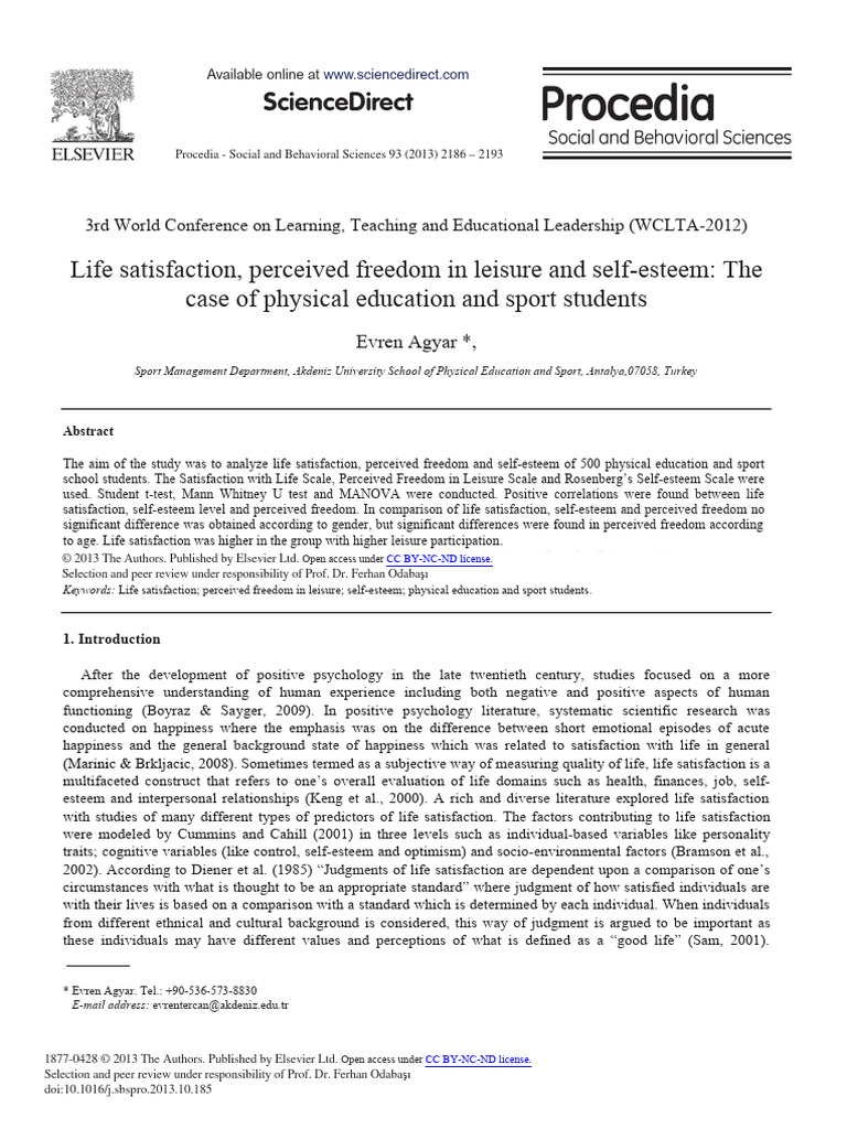 Life Satisfaction, Perceived Freedom in Leisure and Self-Esteem | PDF ...