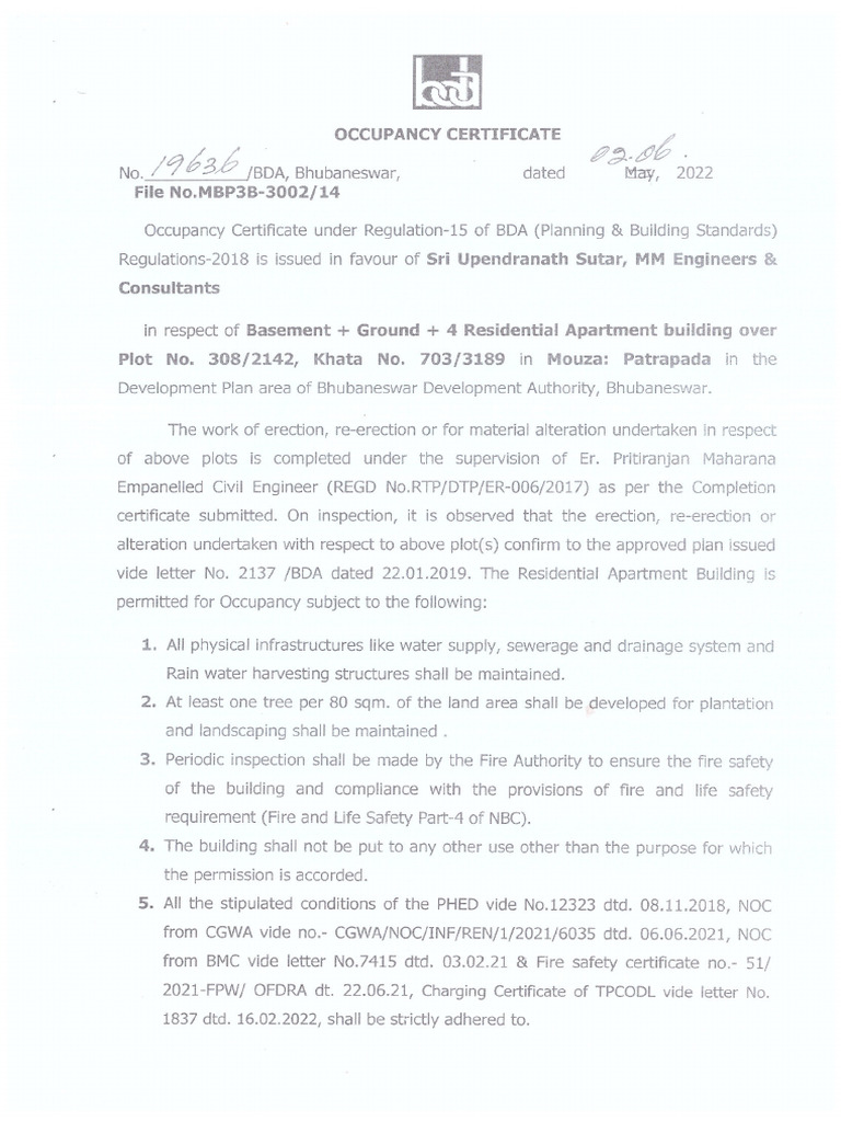 Occupancy Certificate BBSR SAMPLE | PDF