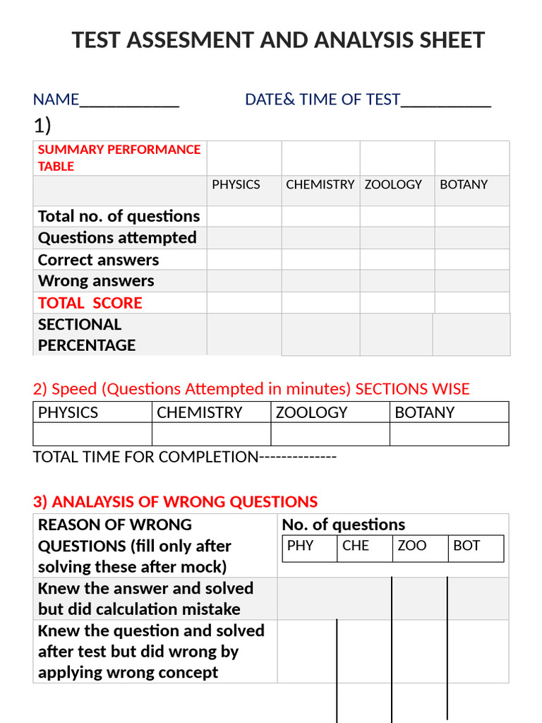 Test Performance Analysis Sheet | PDF
