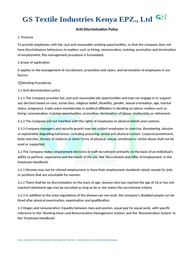 010 Anti-Discrimination Policy | PDF | Discrimination | Employment