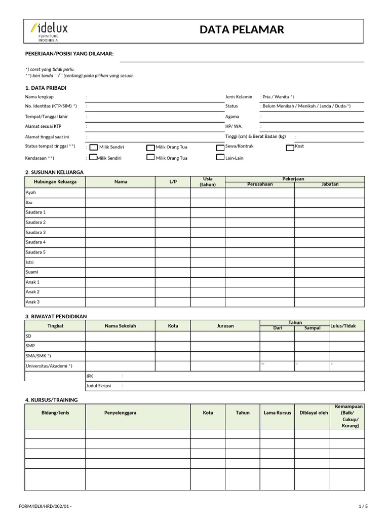 Formulir Data Pelamar Kerja Lengkap | PDF