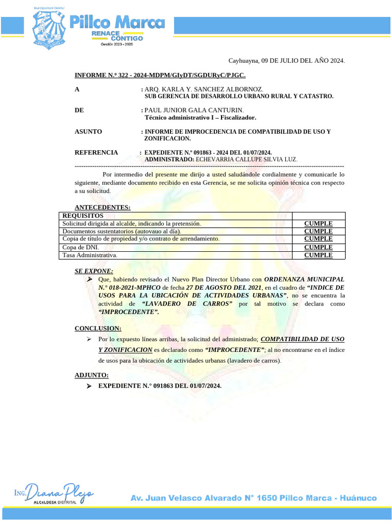 Informe N.° 322 - 2024 Improcedencia de Compatibilidad de Uso Echevarria Callupe Silvia Luz | PDF