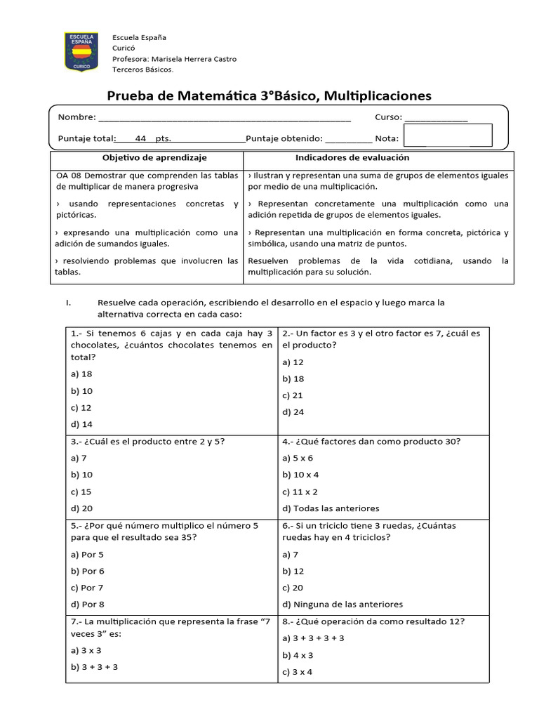 Prueba de Multiplicación 3° Básico | PDF | Multiplicación | Matemáticas