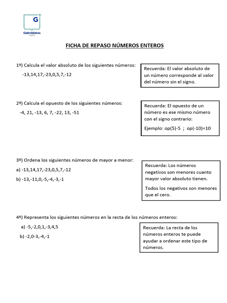 Ficha de Repaso Número Enteros | PDF | Entero | Análisis complejo