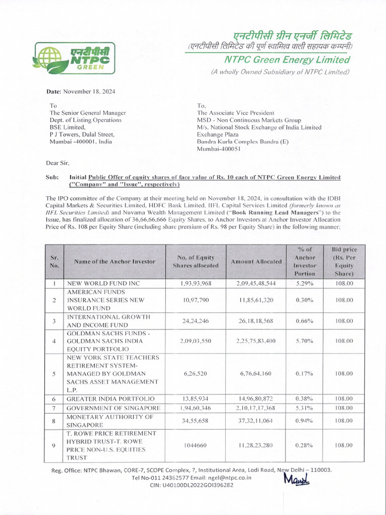 Anchor Intimation Letter - NTPCGREEN | PDF