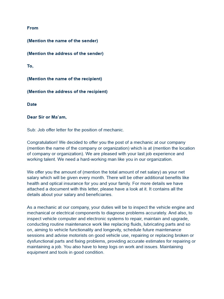 Job Offer Letter for Mechanic Position | PDF