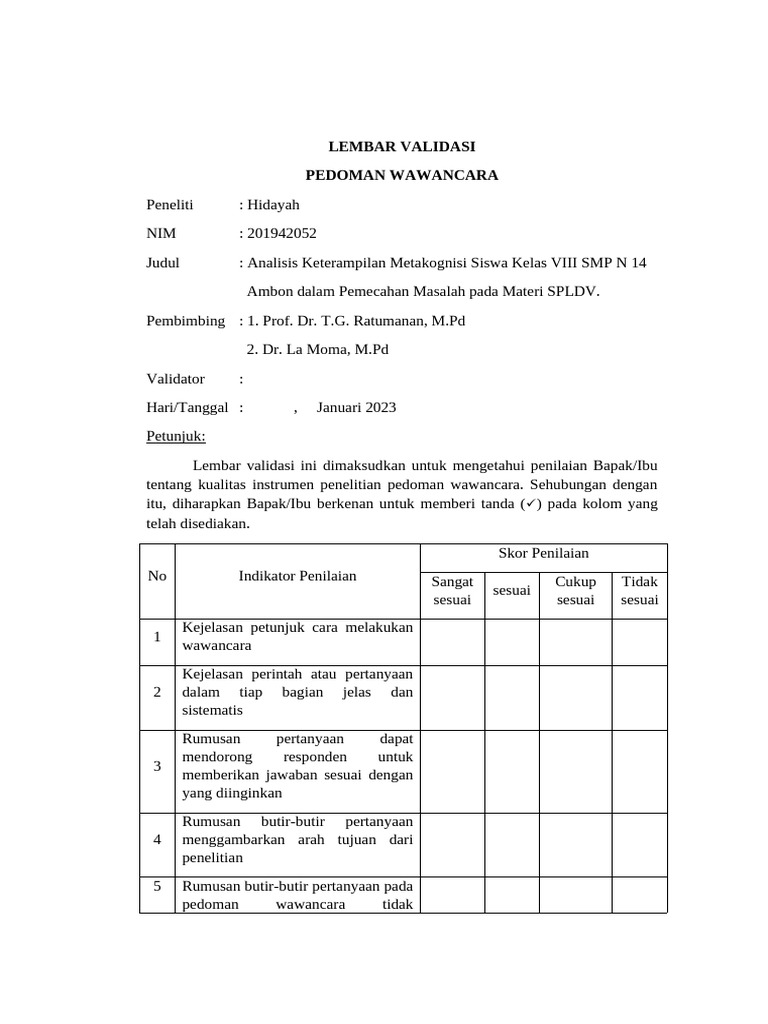 Lembar Validasi Pedoman Wawancara Dan Soal | PDF