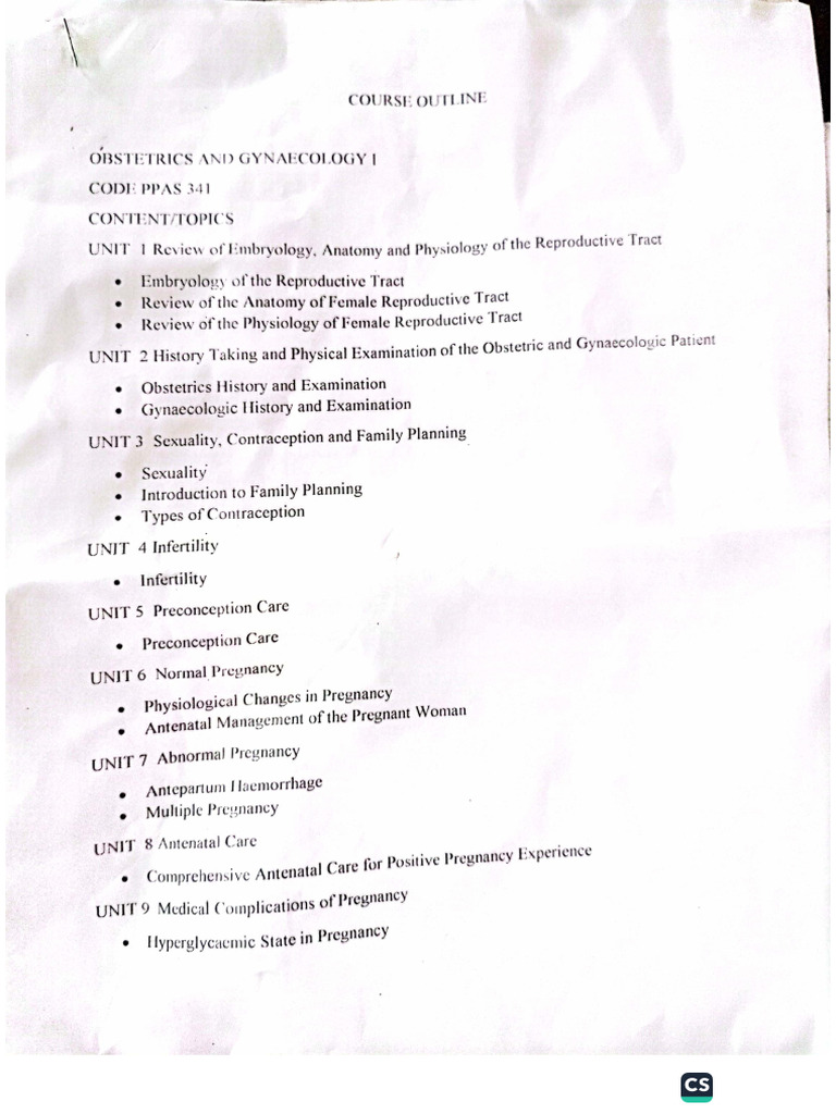 Course Outline OBS and Gynae | PDF