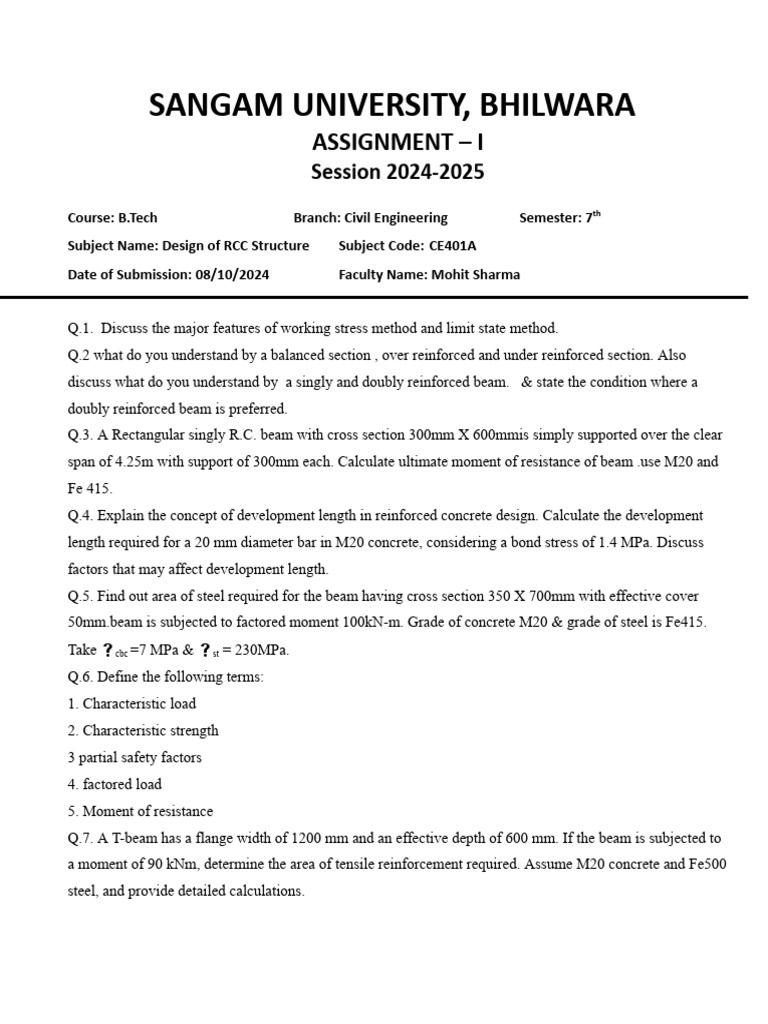 RCC Structure Design Assignment CE401A | PDF | Beam (Structure) | Reinforced Concrete