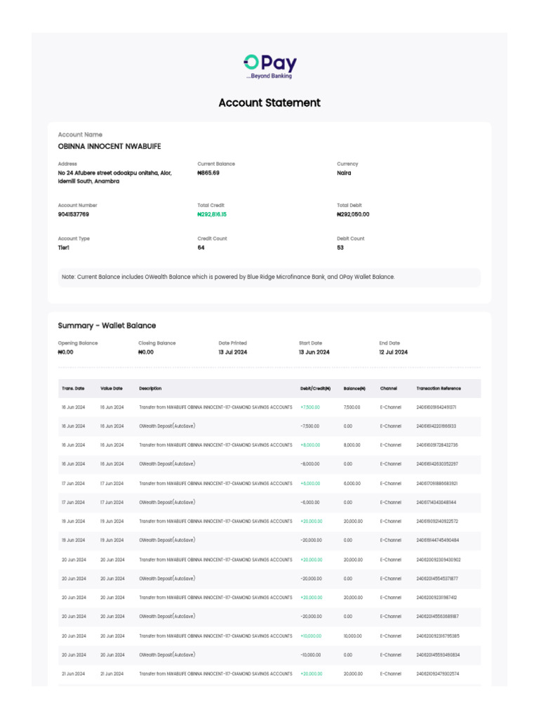 Obinna Innocent Nwabuife - 9041537769 - 20240713021018 | PDF | Debits And Credits | Savings Account