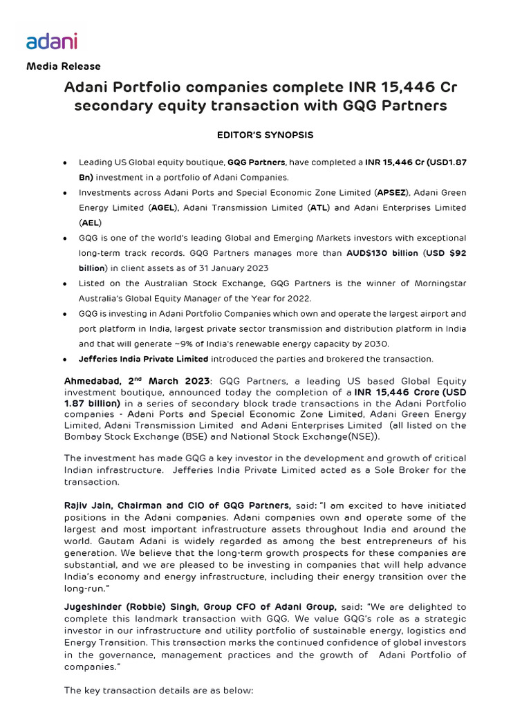 Global Investors Eye Adani Growth | PDF | Economies