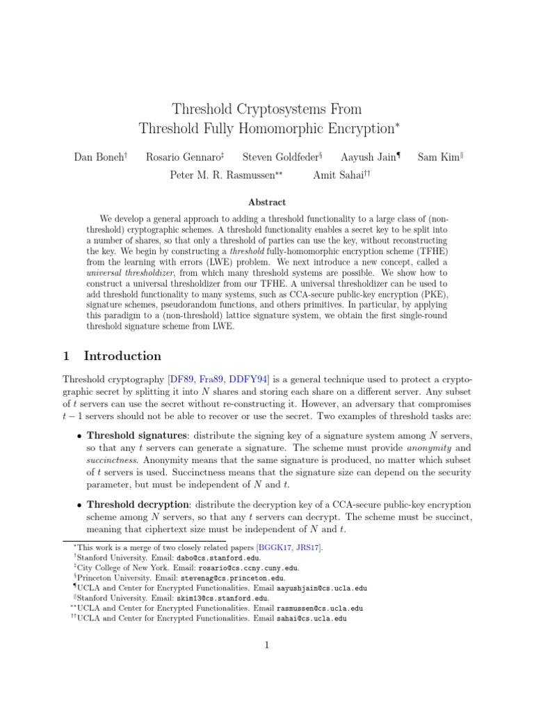 Threshold Cryptosystems From Threshold Fully Homomorphic Encryption ...
