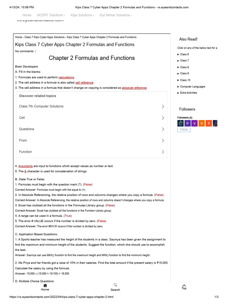 Kips Class 7 Cyber Apps Chapter 2 Formulas and Functions | PDF | Mathematics | Arithmetic