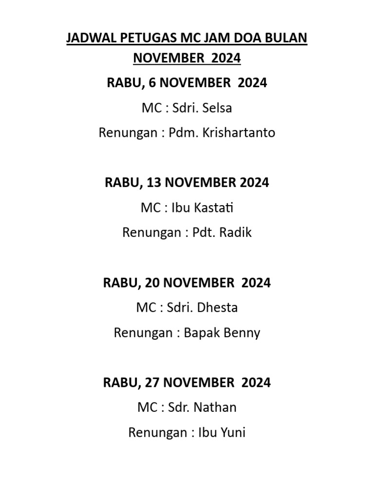 Jadwal Petugas MC Jam Doa Bulan November 2024 | PDF