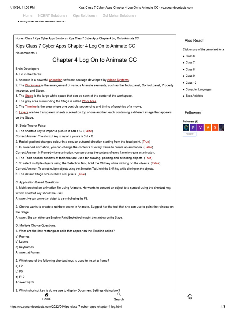 Kips Class 7 Cyber Apps Chapter 4 Log On To Animate CC | PDF | Adobe ...