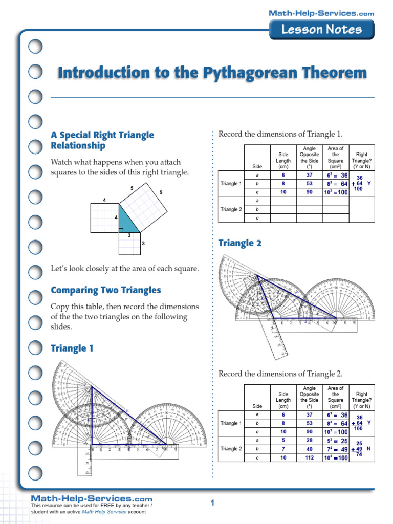 Introduction To The Pythagorean Theorem: Lesson Notes | PDF | Triangle ...