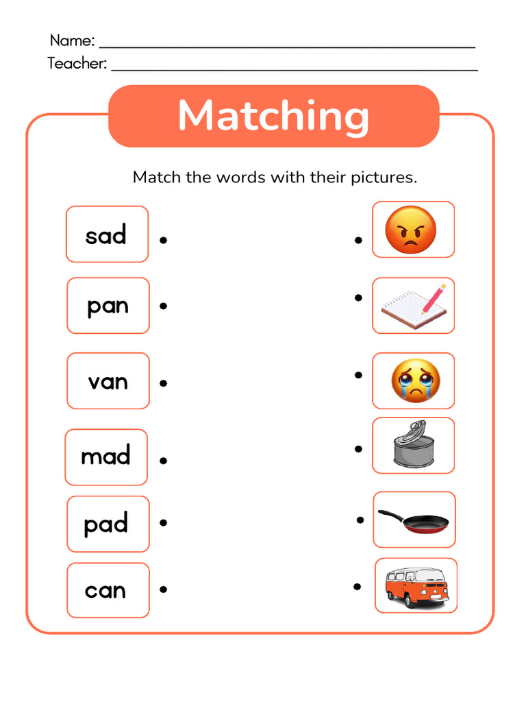 Matching Pictures and Words Worksheet in Orange and Black Simple Style ...