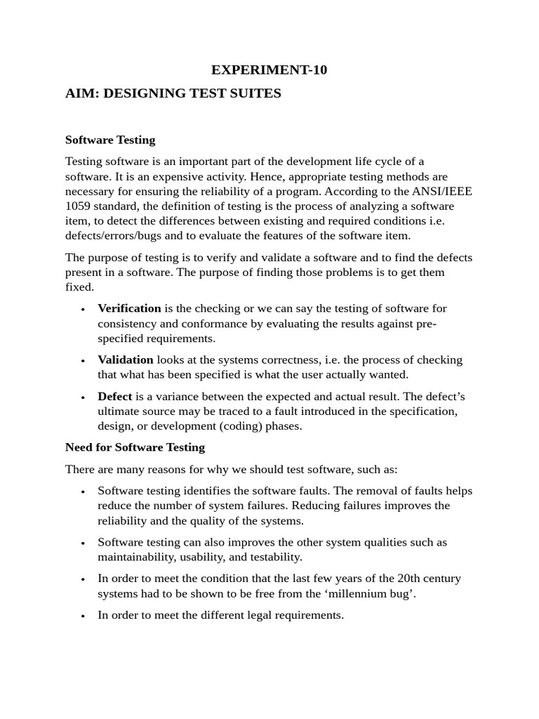 EXPERIMENT-10 Designing Test Suites | PDF | Software Testing | Unit Testing