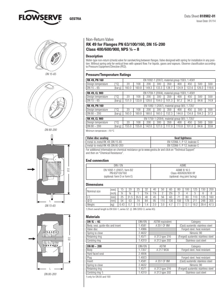 RK 49 Non-Return Valve Specifications | PDF | Stainless Steel | Valve