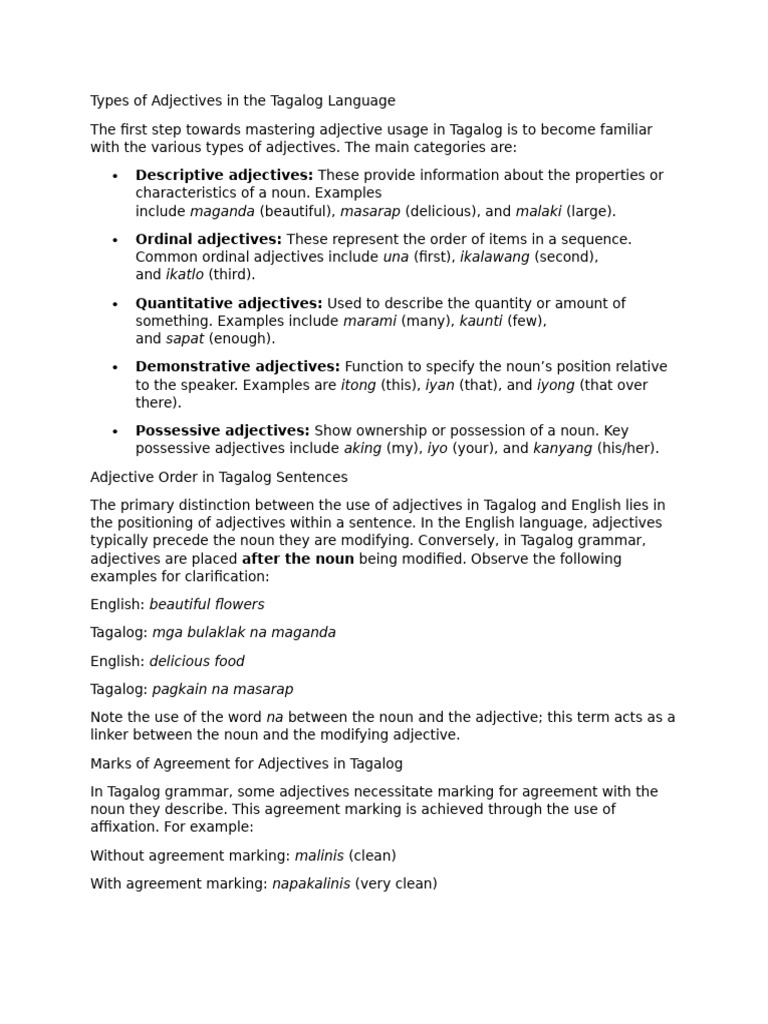 Types of Adjectives in The Tagalog Language | PDF | Adjective | Noun