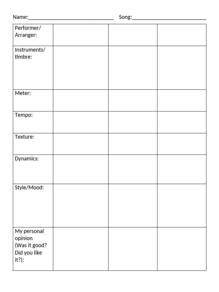 1.1 Songs Compare Chart With Questions | PDF