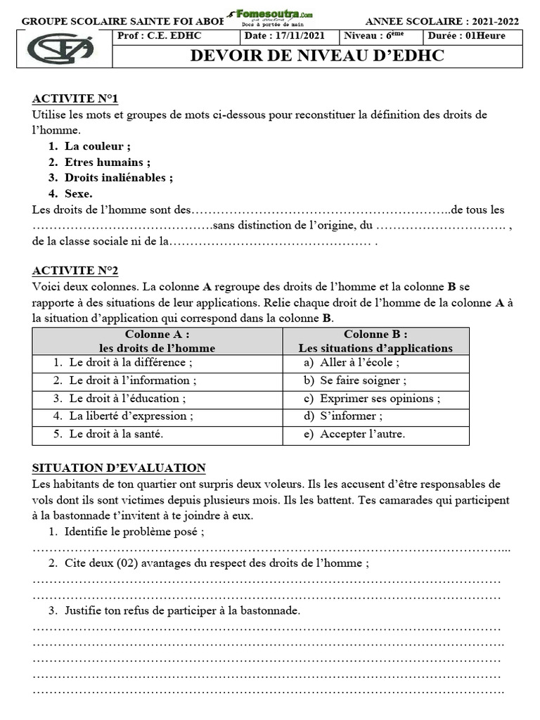 Devoir d'EDHC 6ème-2 | PDF