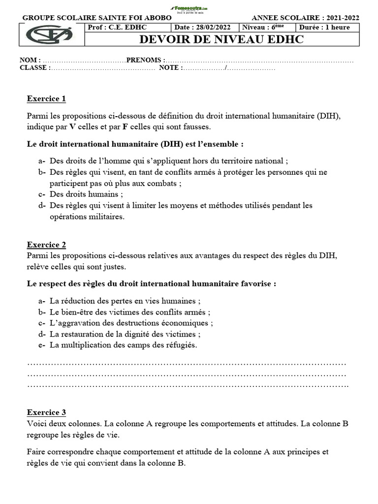 Devoir EDHC 6ème-1 | PDF