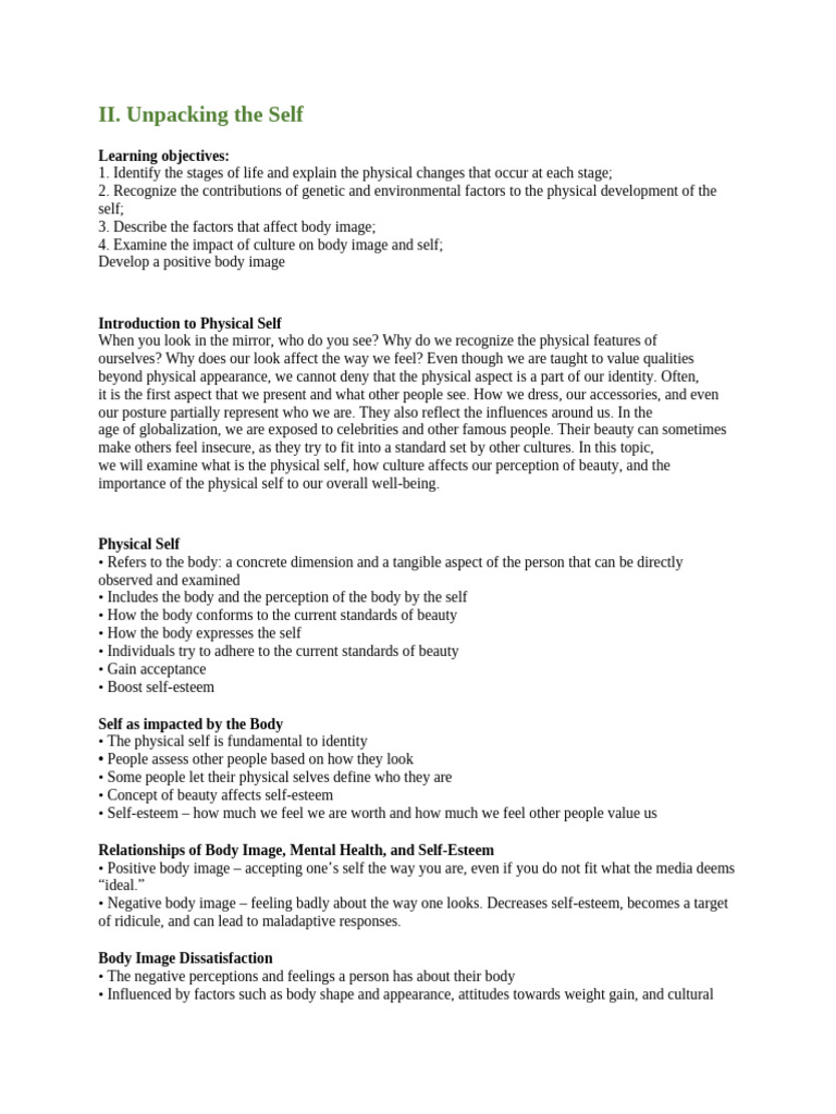 Unpacking The Self Lecture | PDF | Body Image | Eating Disorder