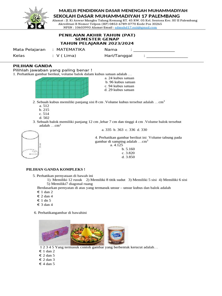 Soal Pat MTK Dan Kunci KLS 5 | PDF