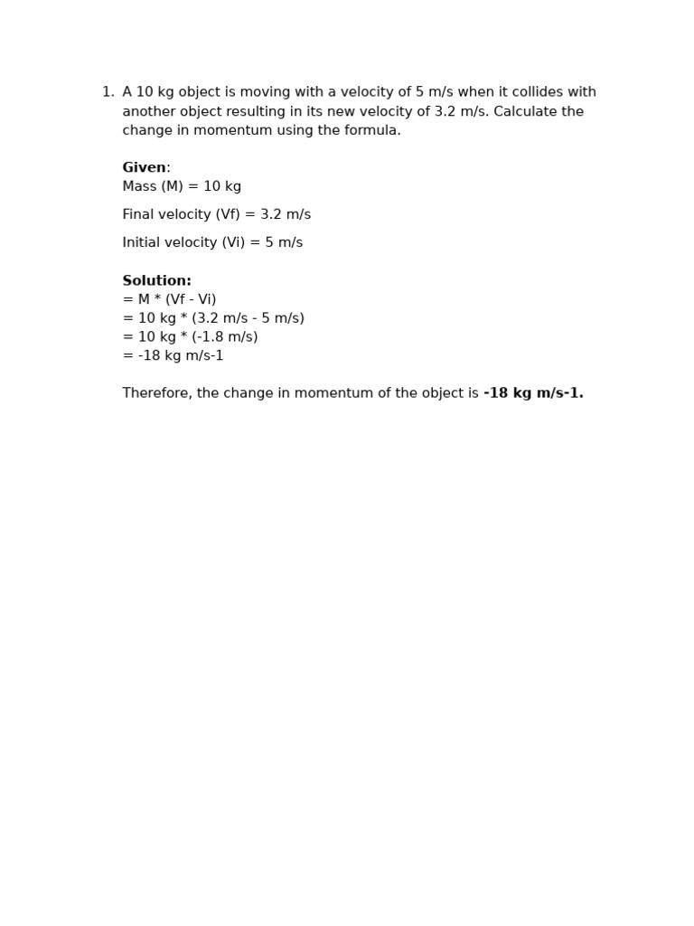 Change in Momentum Calculation Example | PDF