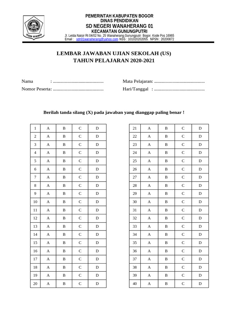 Lembar Jawaban Ujian Sekolah SD Wanaherang | PDF