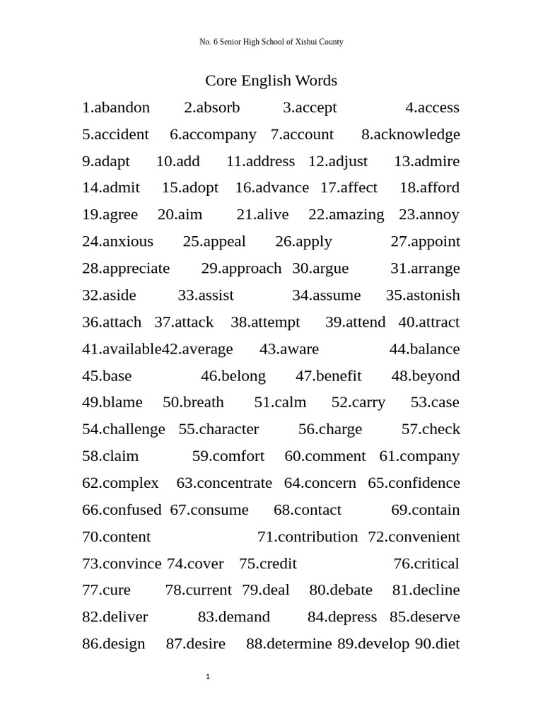 Core English Vocabulary List | PDF