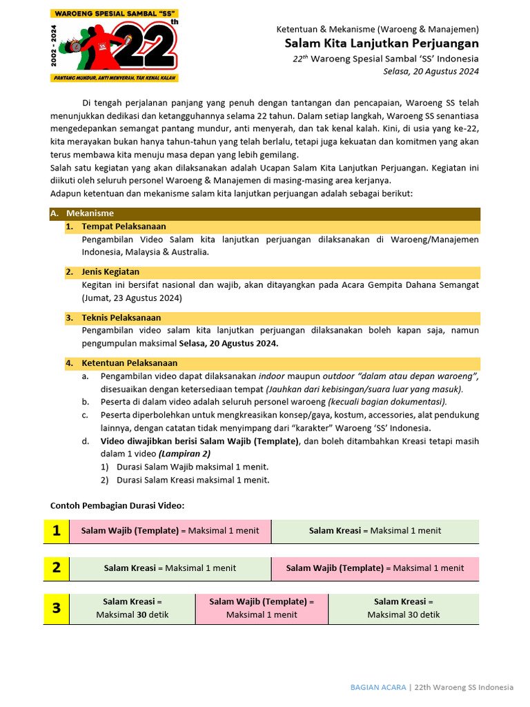 Draf Ketentuan Salam Kita Lanjutkan Perjuangan 22 Tahun Waroeng SS' Rev 18.08.2024 | PDF