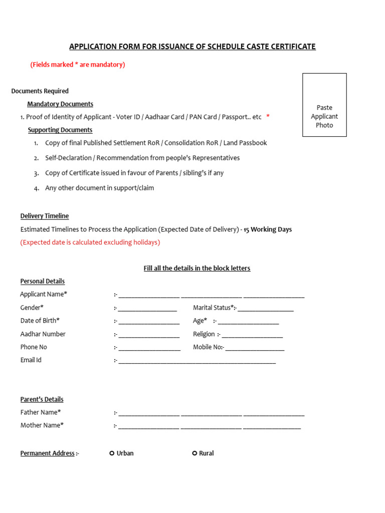 Application Form For - Scheduled Caste Certificate | PDF | Identity ...