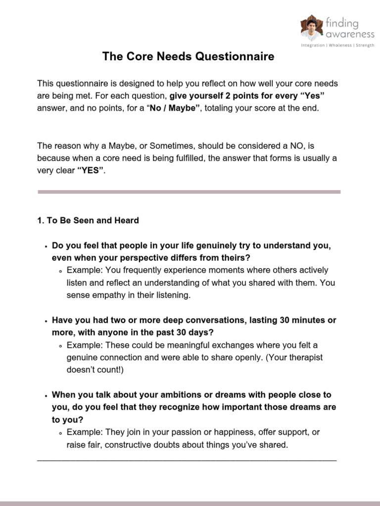 Core Needs Fulfillment Questionnaire | PDF | Passion (Emotion ...