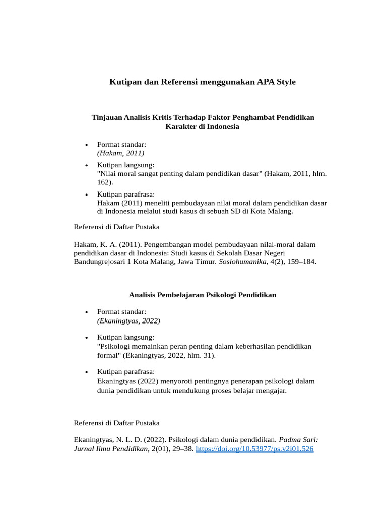 Kutipan Dan Referensi Menggunakan APA Style | PDF
