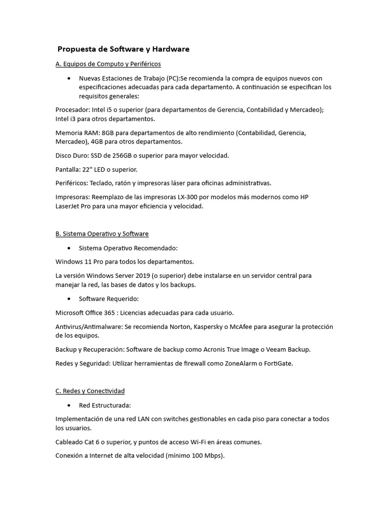 Propuesta de Software y Hardware | PDF | Apoyo | Software antivirus
