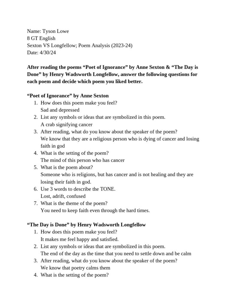 Sexton Vs Longfellow Poetry Analysis (2023-24) | PDF