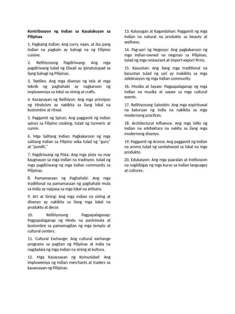 Kontribusyon NG Indian Sa Kasalukuyan Sa Pilipinas | PDF