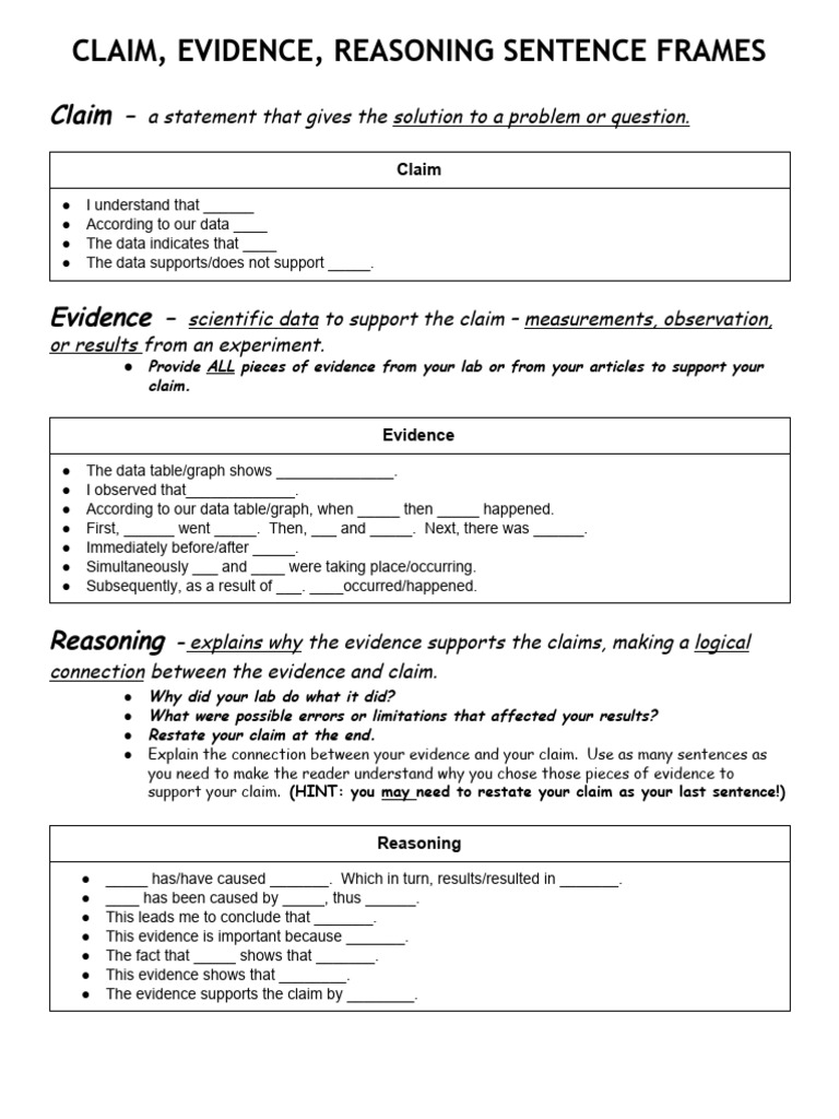 CER Sentence Frames and Starters | PDF | Career & Growth