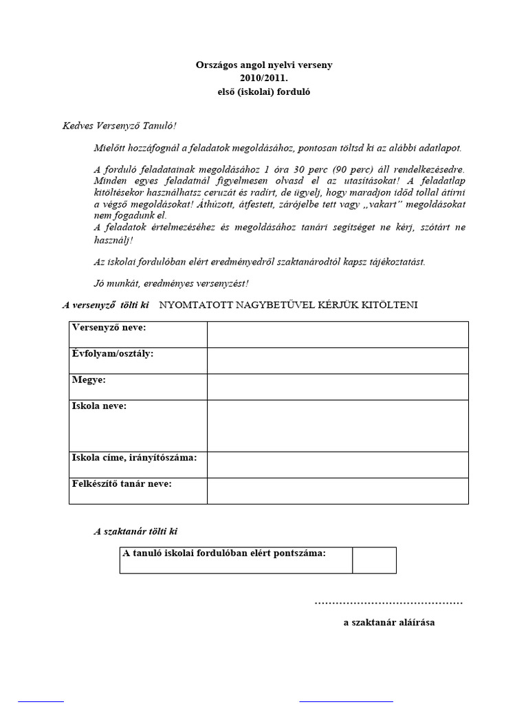 OATV Angol Verseny Feladatlap 2010/11 | PDF